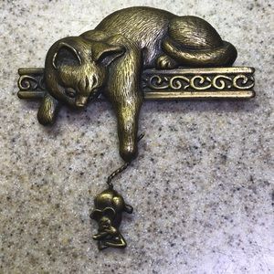 Jewelry | Antique Gold Cat Catching Mouse Pin | Poshmark